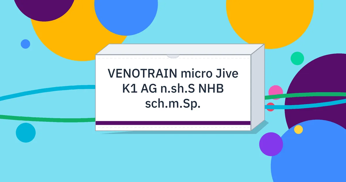 Symbolbild: Packung mit der Aufschrift VENOTRAIN micro Jive K1 AG n.sh.S NHB sch.m.Sp. (PZN 17768018) – Verfügbarkeit und Bezug in Apotheken in Frankfurt am Main