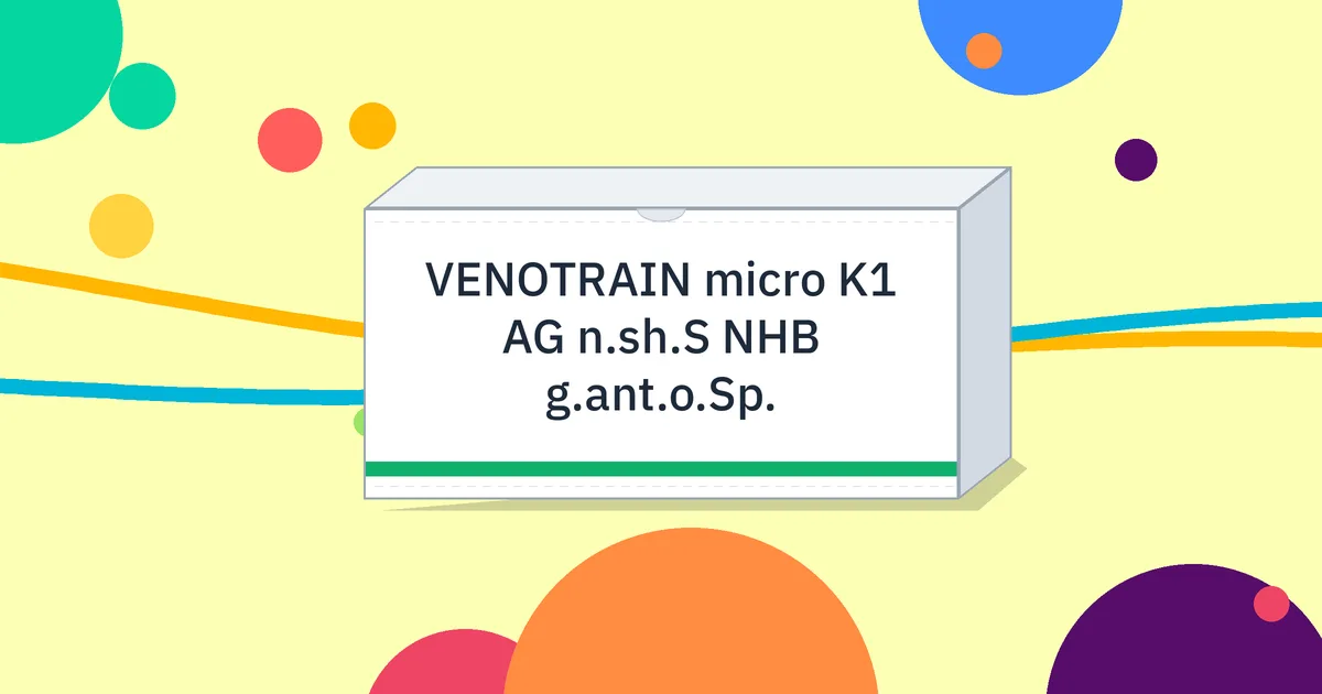 Symbolbild: Packung mit der Aufschrift VENOTRAIN micro K1 AG n.sh.S NHB g.ant.o.Sp. (PZN 11062211) – Verfügbarkeit und Bezug in Apotheken in Frankfurt am Main