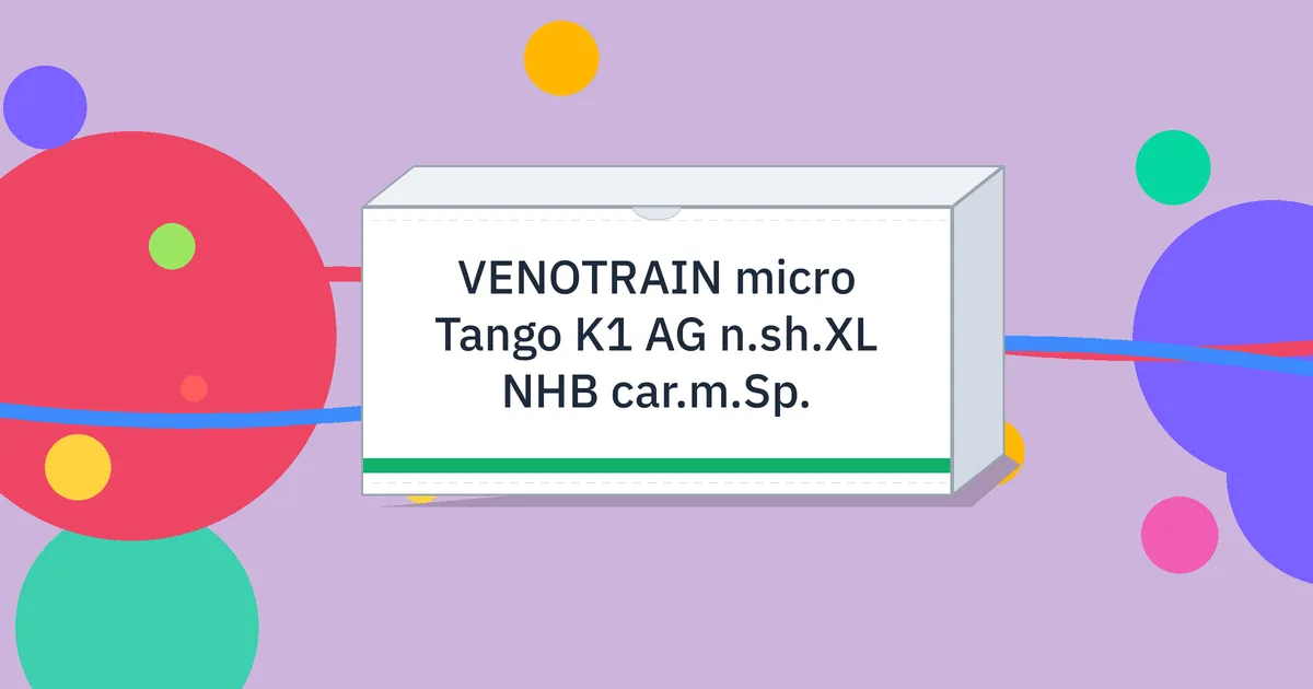 Symbolbild: Packung mit der Aufschrift VENOTRAIN micro Tango K1 AG n.sh.XL NHB car.m.Sp. (PZN 17763759) – Verfügbarkeit und Bezug in Apotheken in Frankfurt am Main