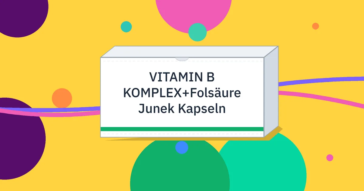 Symbolbild: Packung mit der Aufschrift VITAMIN B KOMPLEX+Folsäure Junek Kapseln (PZN 04723528) – Verfügbarkeit und Bezug in Apotheken in Frankfurt am Main