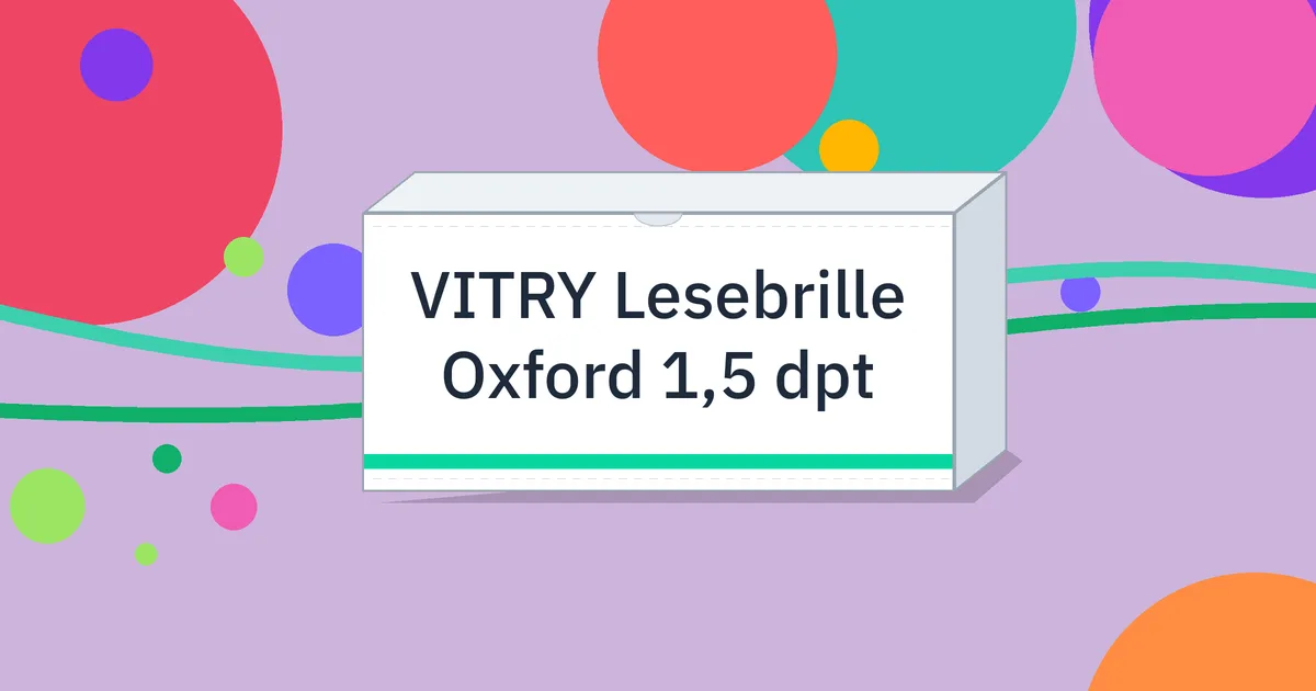 Symbolbild: Packung mit der Aufschrift VITRY Lesebrille Oxford 1,5 dpt (PZN 19106362) – Verfügbarkeit und Bezug in Apotheken in Frankfurt am Main