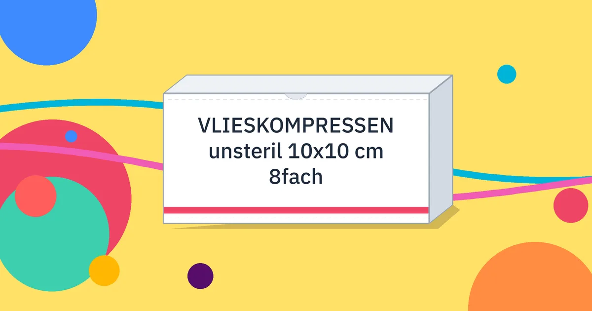 Symbolbild: Packung mit der Aufschrift VLIESKOMPRESSEN unsteril 10x10 cm 8fach (PZN 04220721) – Verfügbarkeit und Bezug in Apotheken in Frankfurt am Main