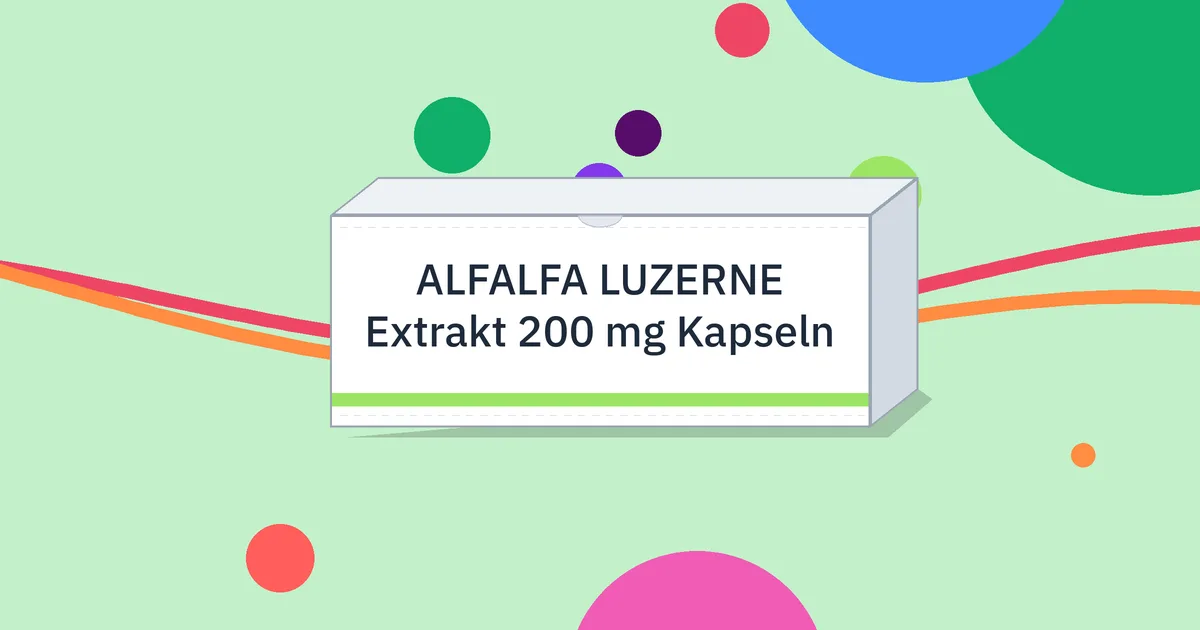 Symbolbild: Packung mit der Aufschrift ALFALFA LUZERNE Extrakt 200 mg Kapseln (PZN 19680055) – Verfügbarkeit und Bezug in Apotheken in Frankfurt am Main