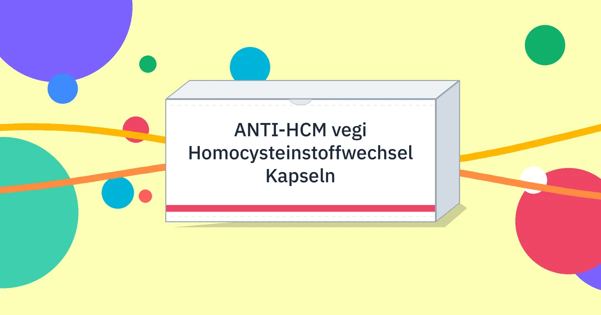 Symbolbild: Packung mit der Aufschrift ANTI-HCM vegi Homocysteinstoffwechsel Kapseln (PZN 16323136) – Verfügbarkeit und Bezug in Apotheken in Frankfurt am Main