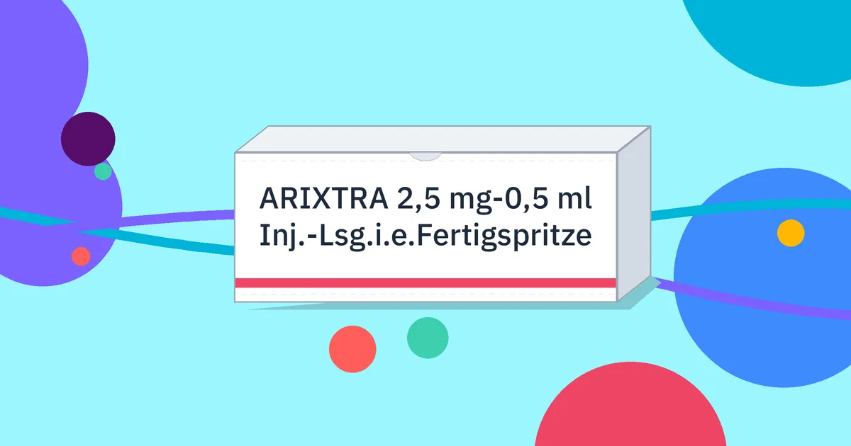 Symbolbild: Packung mit der Aufschrift ARIXTRA 2,5 mg-0,5 ml Inj.-Lsg.i.e.Fertigspritze (PZN 13569090) – Verfügbarkeit und Bezug in Apotheken in Frankfurt am Main