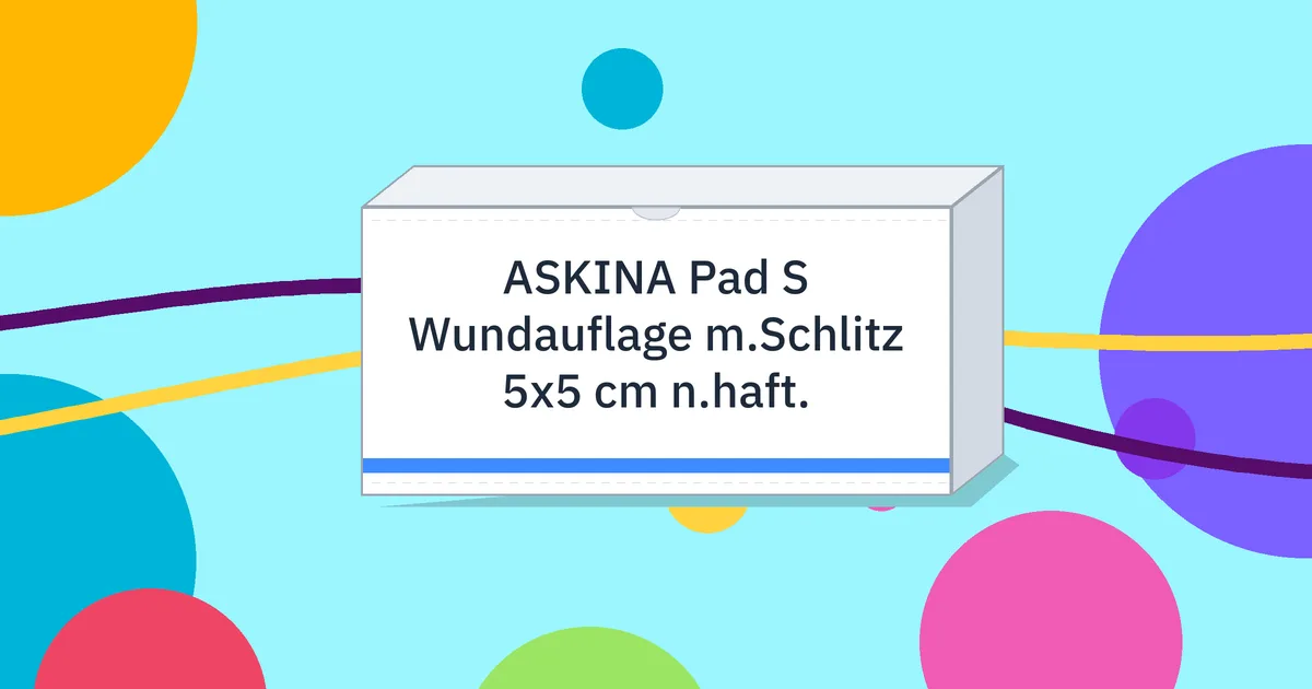 Symbolbild: Packung mit der Aufschrift ASKINA Pad S Wundauflage m.Schlitz 5x5 cm n.haft. (PZN 19080935) – Verfügbarkeit und Bezug in Apotheken in Frankfurt am Main