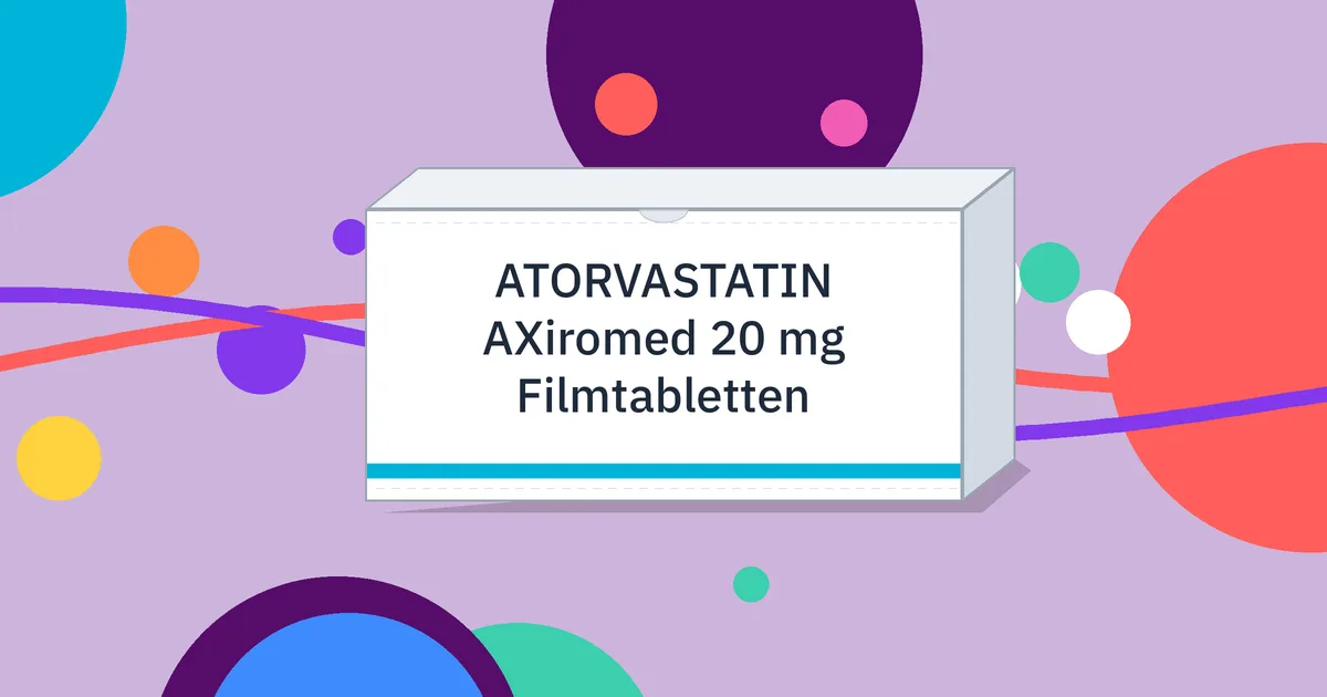 Symbolbild: Packung mit der Aufschrift ATORVASTATIN AXiromed 20 mg Filmtabletten (PZN 13817257) – Verfügbarkeit und Bezug in Apotheken in Frankfurt am Main