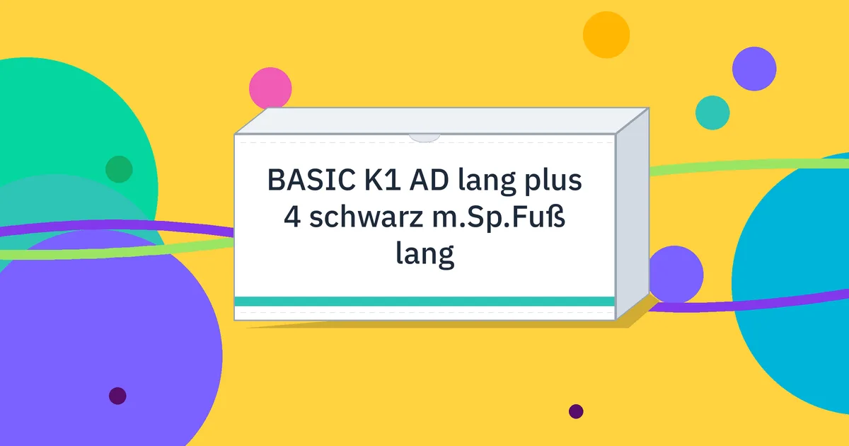 Symbolbild: Packung mit der Aufschrift BASIC K1 AD lang plus 4 schwarz m.Sp.Fuß lang (PZN 20258255) – Verfügbarkeit und Bezug in Apotheken in Frankfurt am Main