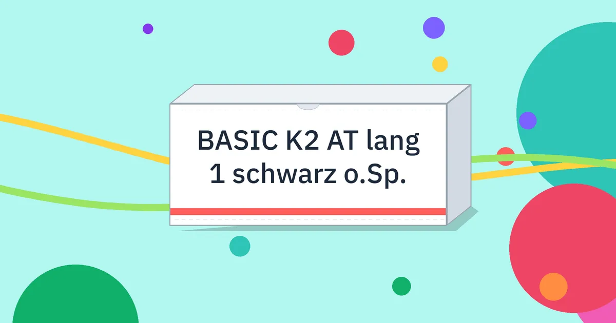 Symbolbild: Packung mit der Aufschrift BASIC K2 AT lang 1 schwarz o.Sp. (PZN 20268650) – Verfügbarkeit und Bezug in Apotheken in Frankfurt am Main