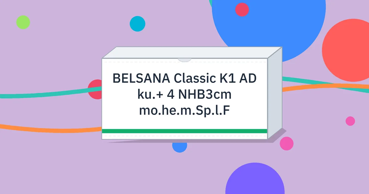 Symbolbild: Packung mit der Aufschrift BELSANA Classic K1 AD ku.+ 4 NHB3cm mo.he.m.Sp.l.F (PZN 19256096) – Verfügbarkeit und Bezug in Apotheken in Frankfurt am Main