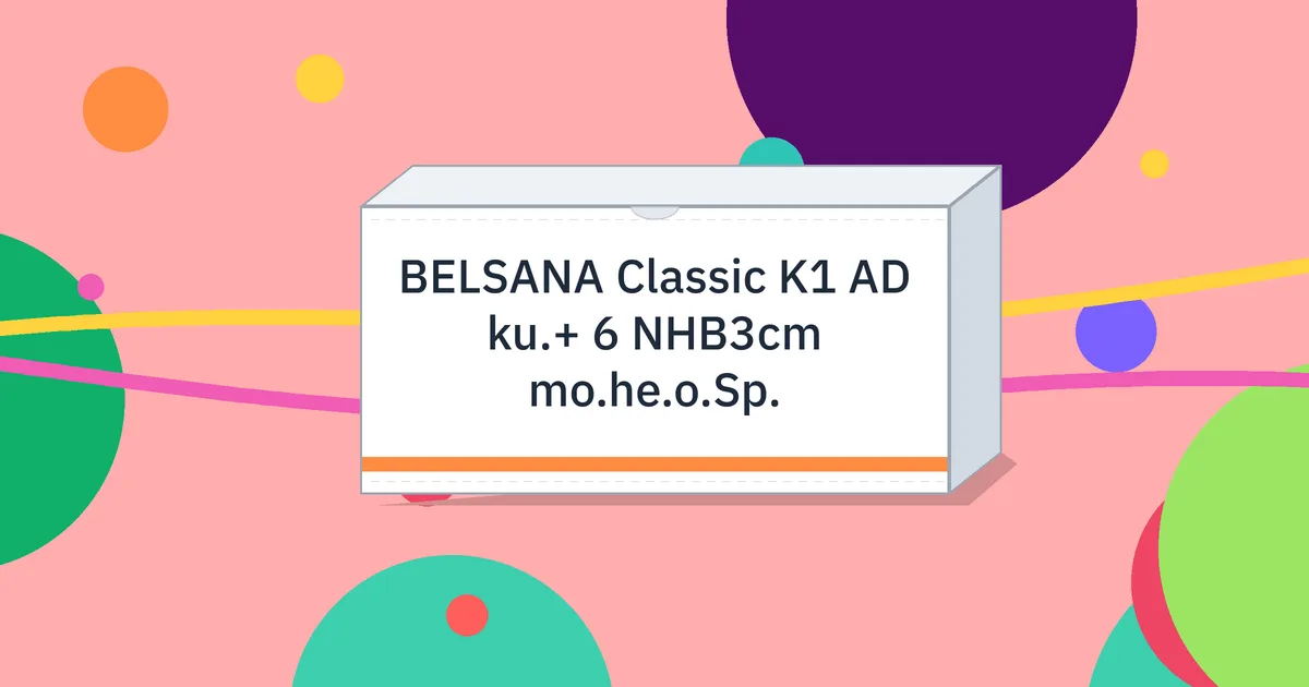 Symbolbild: Packung mit der Aufschrift BELSANA Classic K1 AD ku.+ 6 NHB3cm mo.he.o.Sp. (PZN 19257227) – Verfügbarkeit und Bezug in Apotheken in Frankfurt am Main