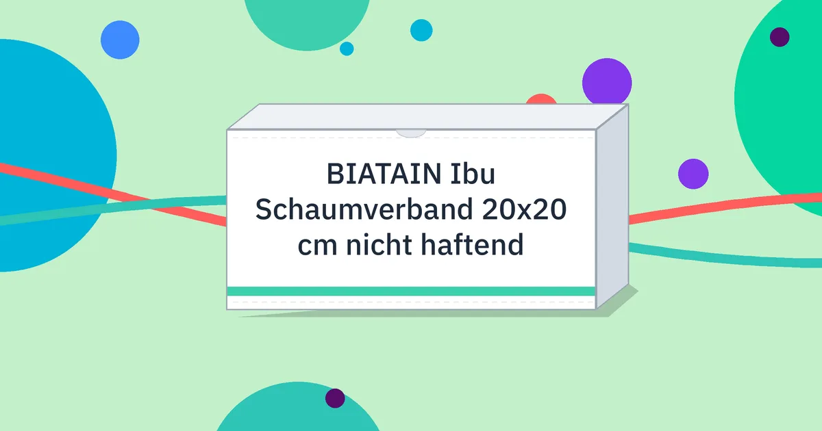 Symbolbild: Packung mit der Aufschrift BIATAIN Ibu Schaumverband 20x20 cm nicht haftend (PZN 01643332) – Verfügbarkeit und Bezug in Apotheken in Frankfurt am Main