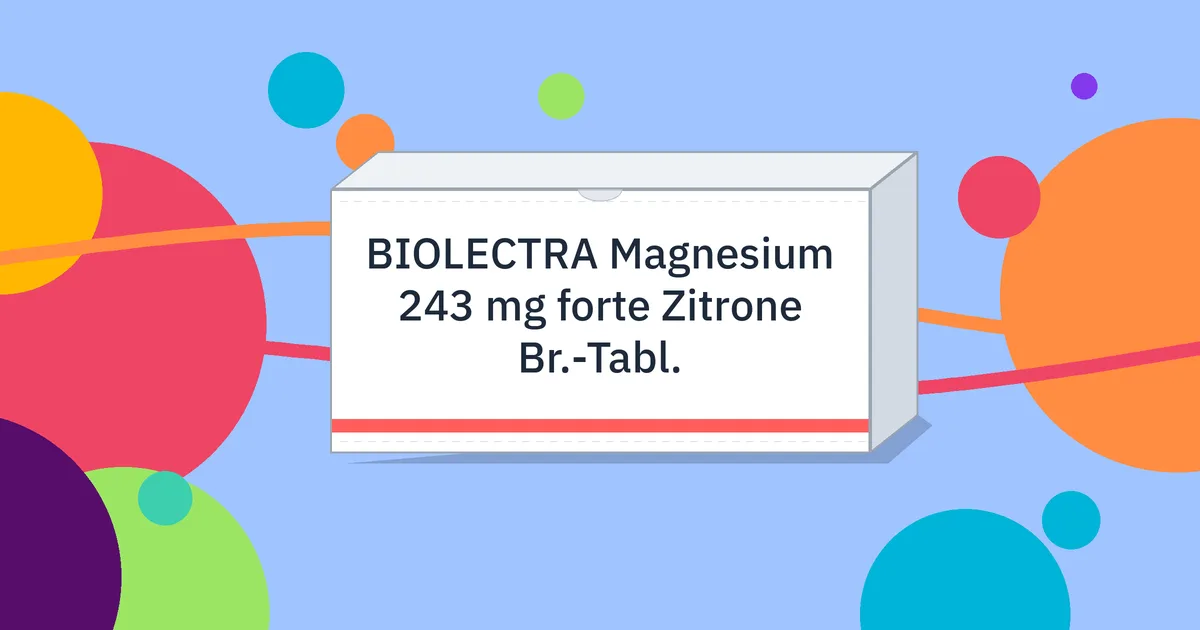 Symbolbild: Packung mit der Aufschrift BIOLECTRA Magnesium 243 mg forte Zitrone Br.-Tabl. (PZN 06716366) – Verfügbarkeit und Bezug in Apotheken in Frankfurt am Main