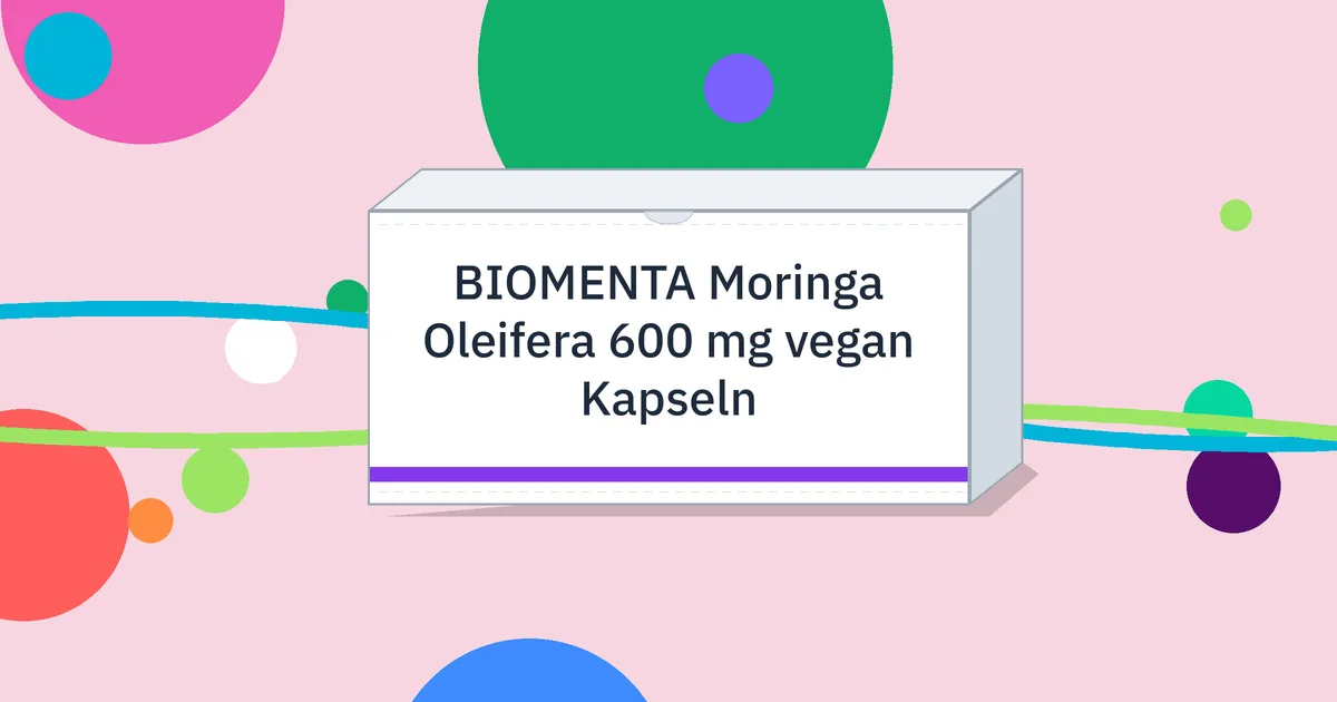 Symbolbild: Packung mit der Aufschrift BIOMENTA Moringa Oleifera 600 mg vegan Kapseln (PZN 19469828) – Verfügbarkeit und Bezug in Apotheken in Frankfurt am Main
