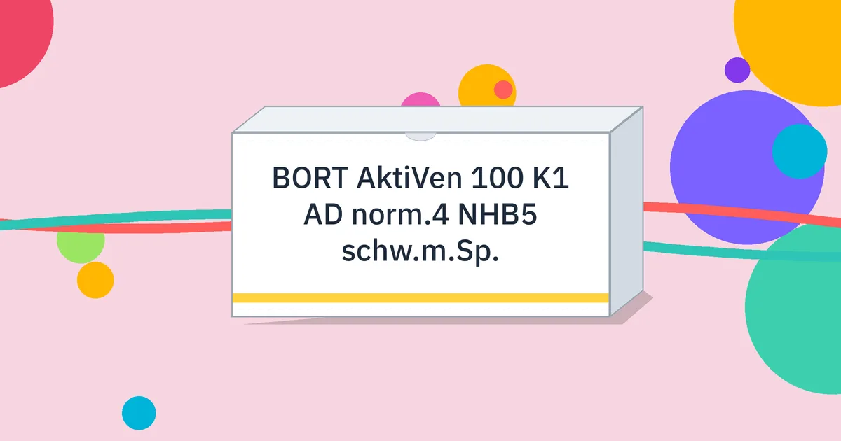 Symbolbild: Packung mit der Aufschrift BORT AktiVen 100 K1 AD norm.4 NHB5 schw.m.Sp. (PZN 17497393) – Verfügbarkeit und Bezug in Apotheken in Frankfurt am Main