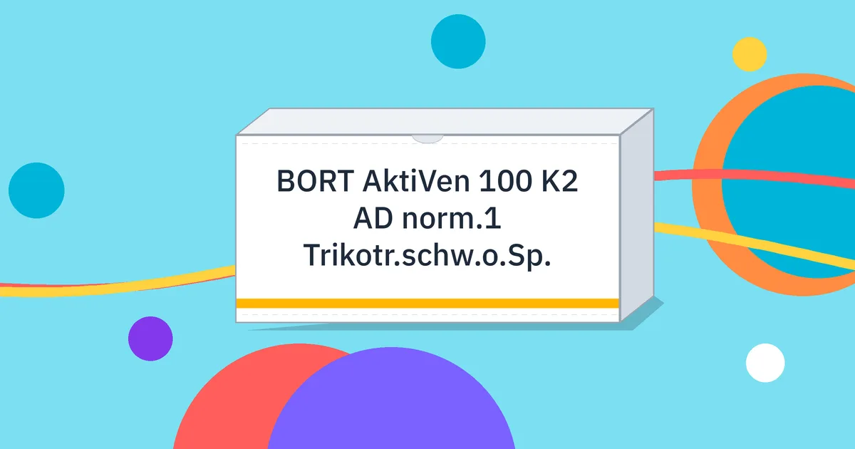 Symbolbild: Packung mit der Aufschrift BORT AktiVen 100 K2 AD norm.1 Trikotr.schw.o.Sp. (PZN 14386523) – Verfügbarkeit und Bezug in Apotheken in Frankfurt am Main