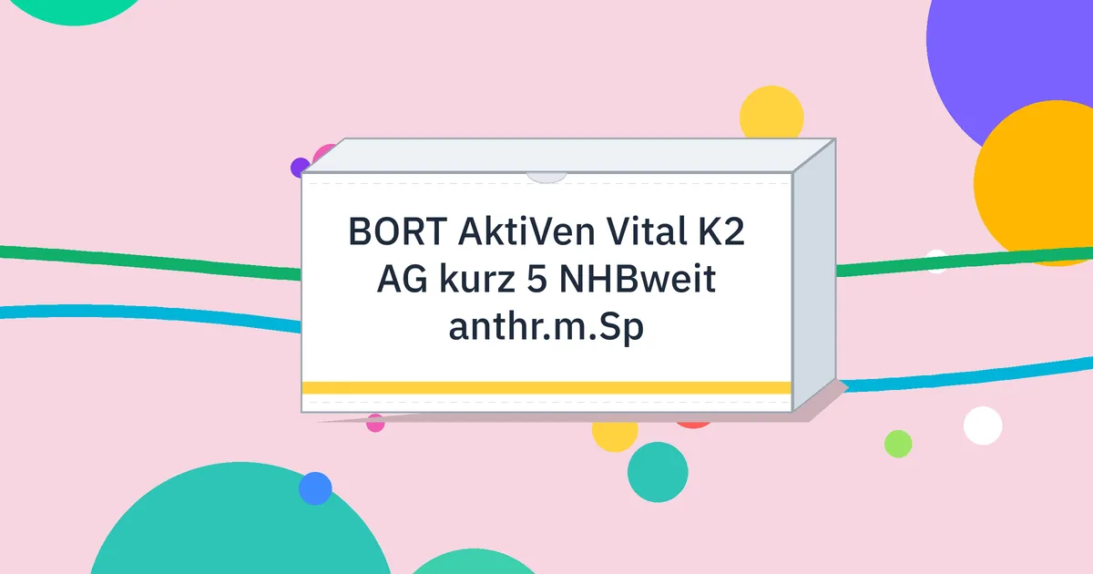 Symbolbild: Packung mit der Aufschrift BORT AktiVen Vital K2 AG kurz 5 NHBweit anthr.m.Sp (PZN 13734784) – Verfügbarkeit und Bezug in Apotheken in Frankfurt am Main