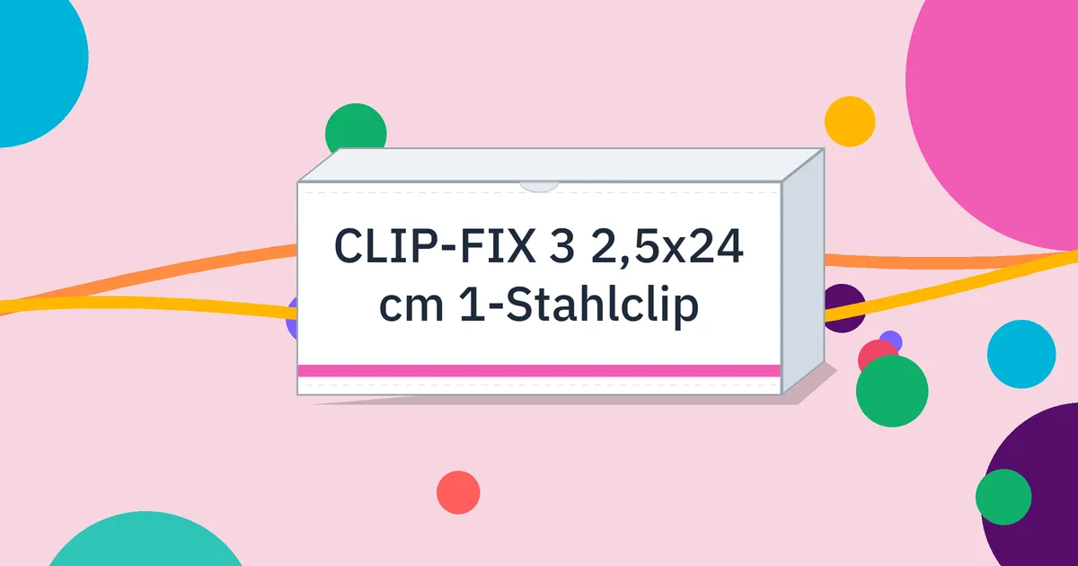 Symbolbild: Packung mit der Aufschrift CLIP-FIX 3 2,5x24 cm 1-Stahlclip (PZN 18756193) – Verfügbarkeit und Bezug in Apotheken in Frankfurt am Main