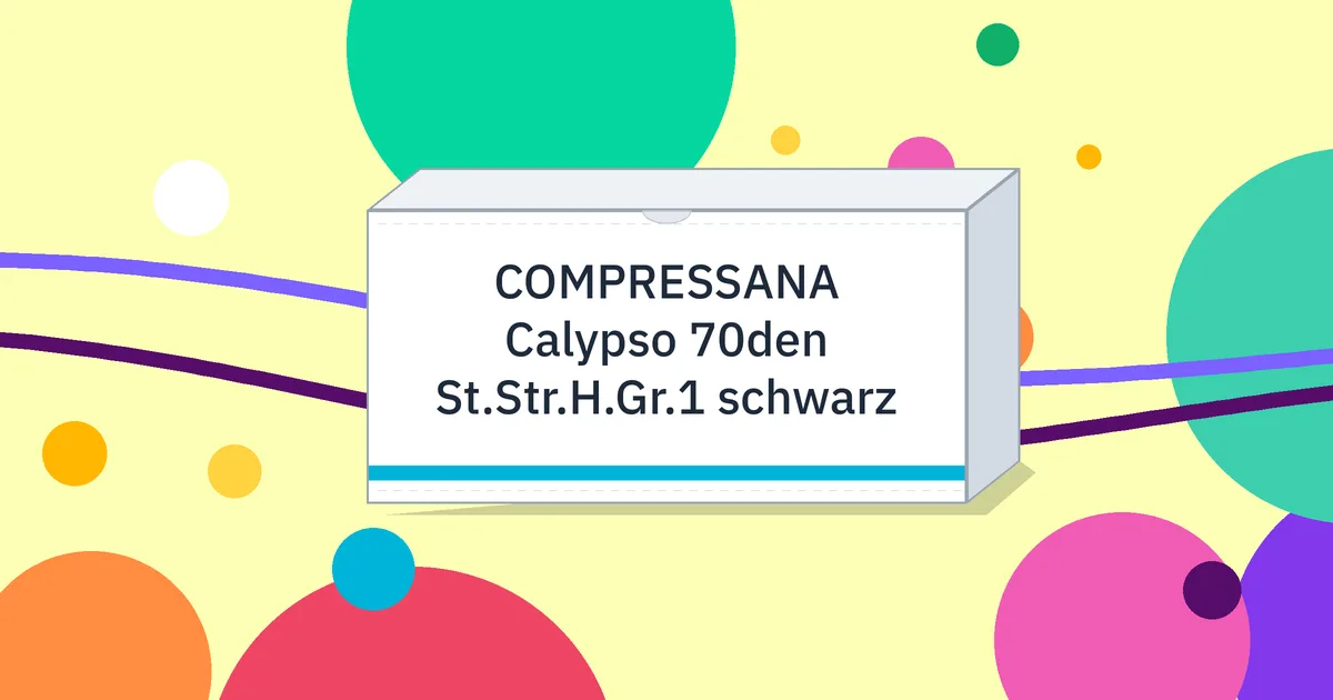 Symbolbild: Packung mit der Aufschrift COMPRESSANA Calypso 70den St.Str.H.Gr.1 schwarz (PZN 07718893) – Verfügbarkeit und Bezug in Apotheken in Frankfurt am Main