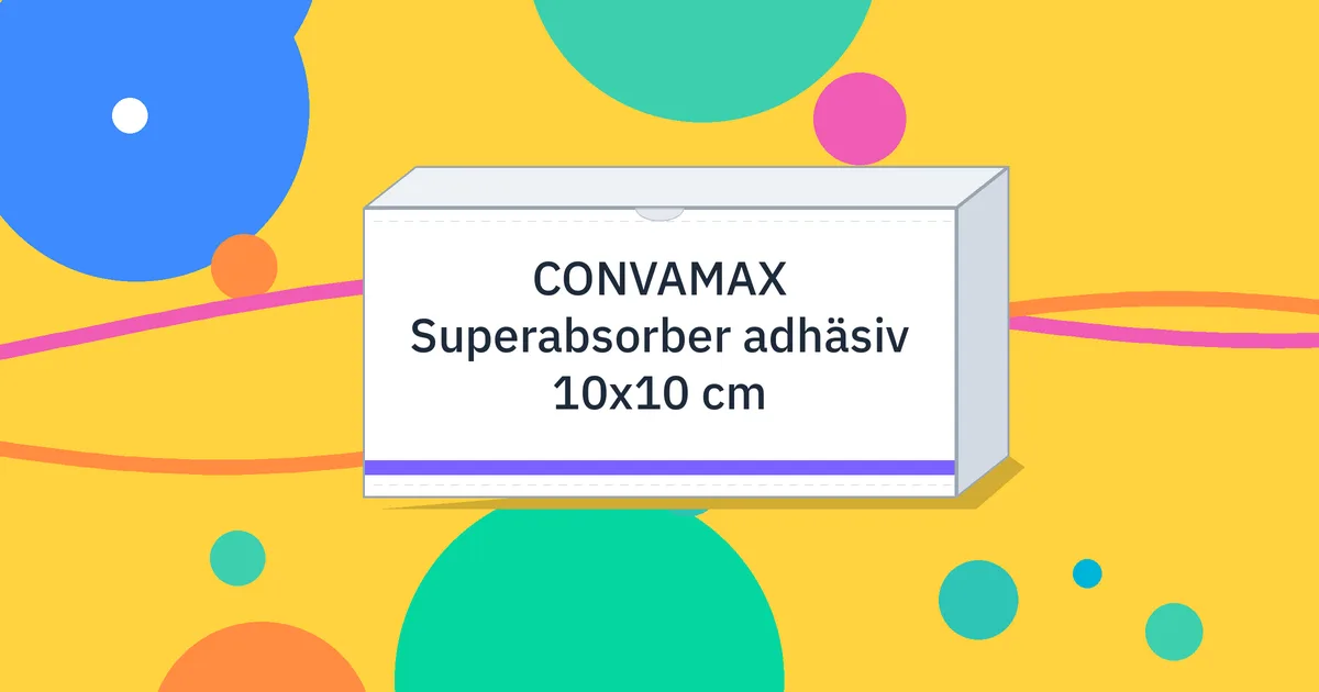 Symbolbild: Packung mit der Aufschrift CONVAMAX Superabsorber adhäsiv 10x10 cm (PZN 17166526) – Verfügbarkeit und Bezug in Apotheken in Frankfurt am Main