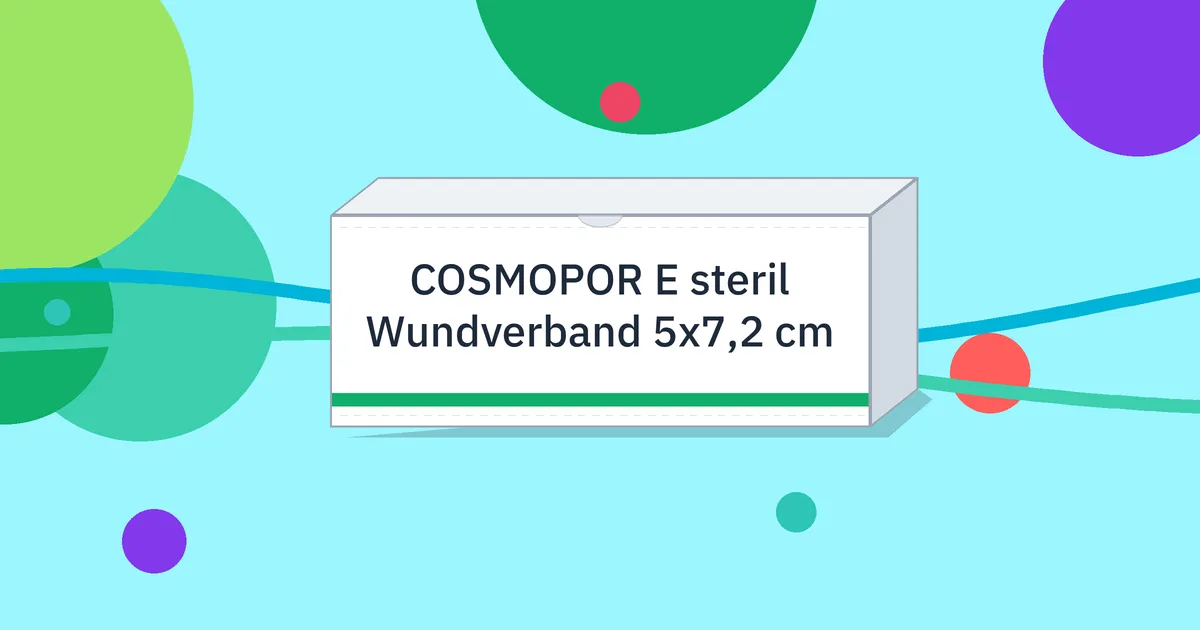 Symbolbild: Packung mit der Aufschrift COSMOPOR E steril Wundverband 5x7,2 cm (PZN 19145008) – Verfügbarkeit und Bezug in Apotheken in Frankfurt am Main
