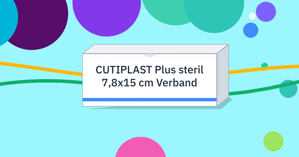 Symbolbild: Packung mit der Aufschrift CUTIPLAST Plus steril 7,8x15 cm Verband (PZN 18437335) – Verfügbarkeit und Bezug in Apotheken in Frankfurt am Main