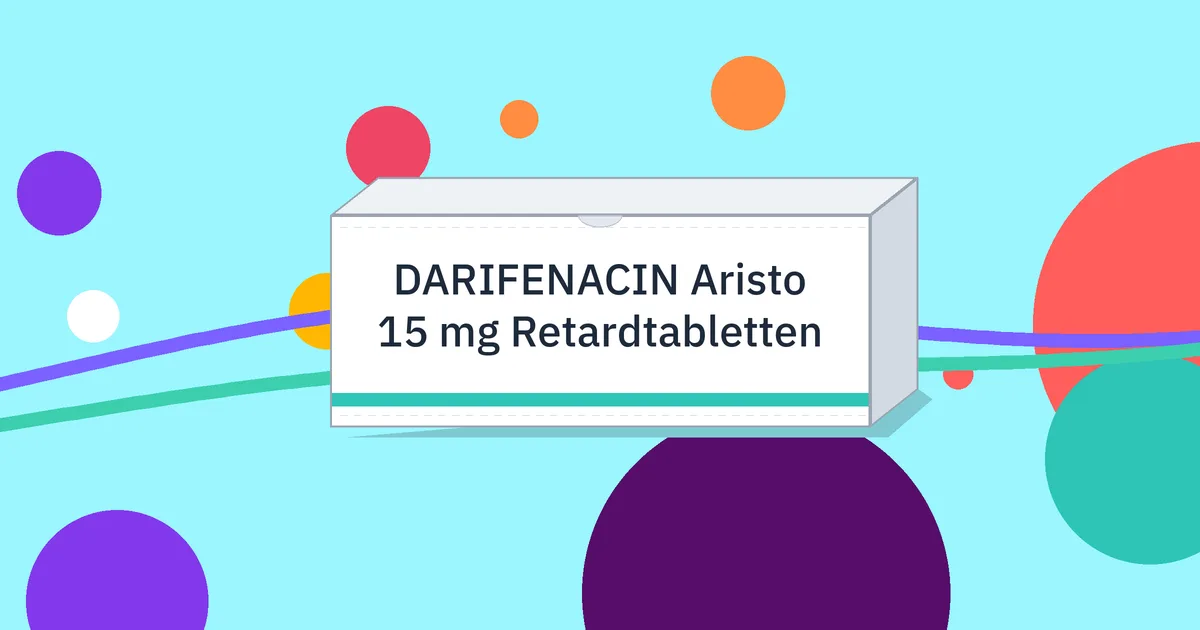 Symbolbild: Packung mit der Aufschrift DARIFENACIN Aristo 15 mg Retardtabletten (PZN 15640596) – Verfügbarkeit und Bezug in Apotheken in Frankfurt am Main