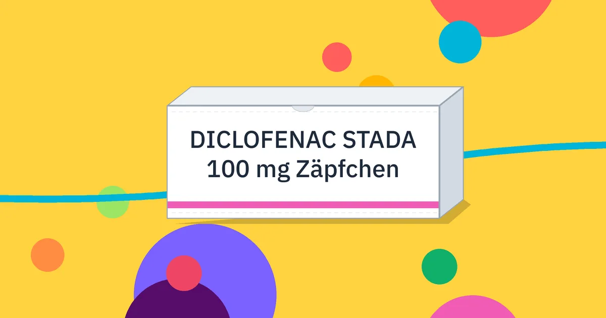 Symbolbild: Packung mit der Aufschrift DICLOFENAC STADA 100 mg Zäpfchen (PZN 05883777) – Verfügbarkeit und Bezug in Apotheken in Frankfurt am Main