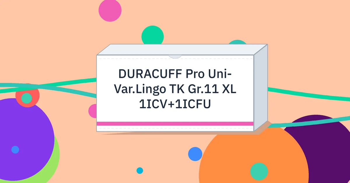 Symbolbild: Packung mit der Aufschrift DURACUFF Pro Uni-Var.Lingo TK Gr.11 XL 1ICV+1ICFU (PZN 19245862) – Verfügbarkeit und Bezug in Apotheken in Frankfurt am Main