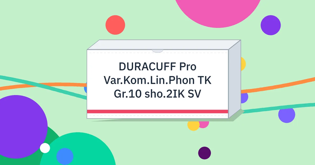 Symbolbild: Packung mit der Aufschrift DURACUFF Pro Var.Kom.Lin.Phon TK Gr.10 sho.2IK SV (PZN 19244377) – Verfügbarkeit und Bezug in Apotheken in Frankfurt am Main
