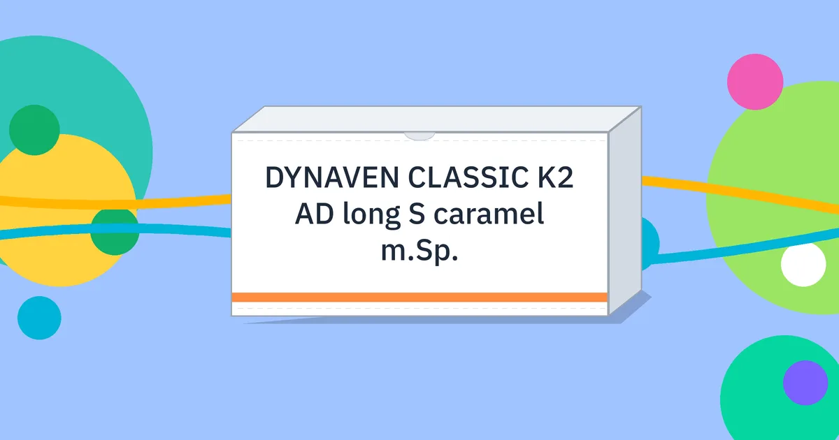 Symbolbild: Packung mit der Aufschrift DYNAVEN CLASSIC K2 AD long S caramel m.Sp. (PZN 18417806) – Verfügbarkeit und Bezug in Apotheken in Frankfurt am Main