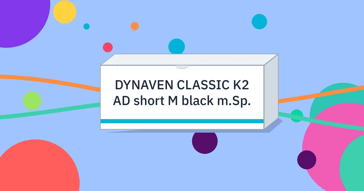 Symbolbild: Packung mit der Aufschrift DYNAVEN CLASSIC K2 AD short M black m.Sp. (PZN 18417657) – Verfügbarkeit und Bezug in Apotheken in Frankfurt am Main