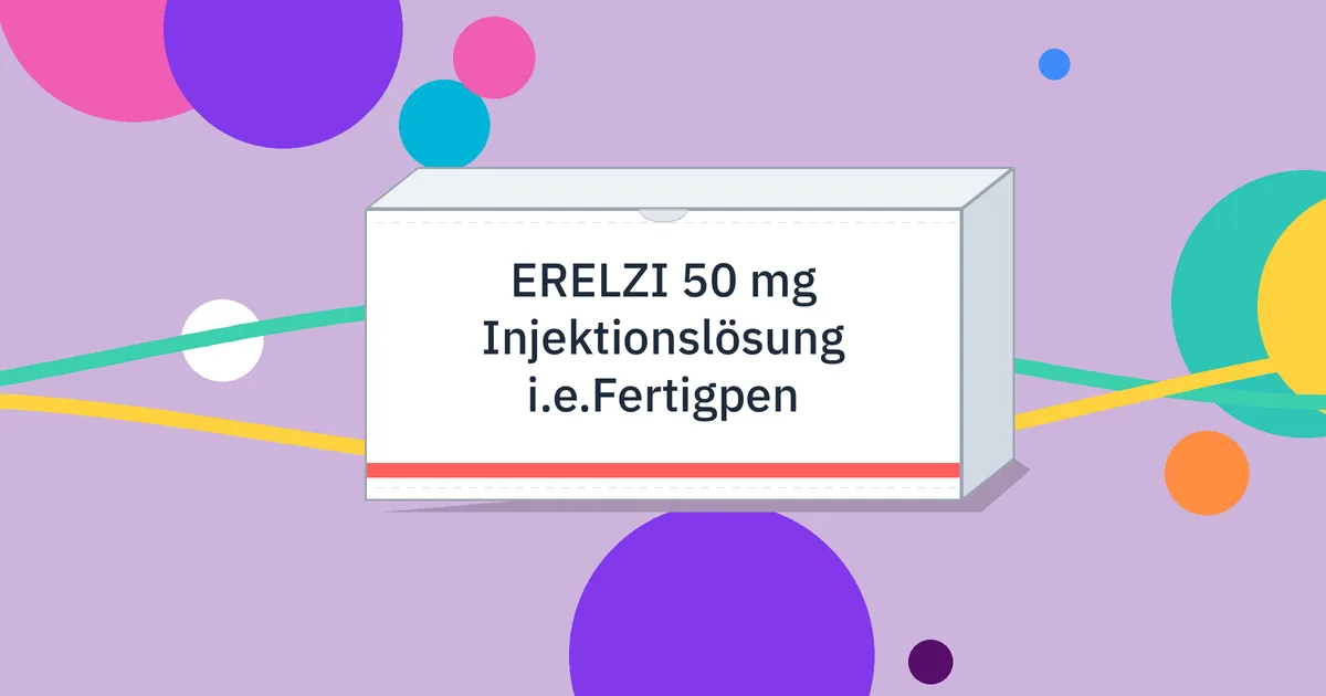 Symbolbild: Packung mit der Aufschrift ERELZI 50 mg Injektionslösung i.e.Fertigpen (PZN 14137398) – Verfügbarkeit und Bezug in Apotheken in Frankfurt am Main