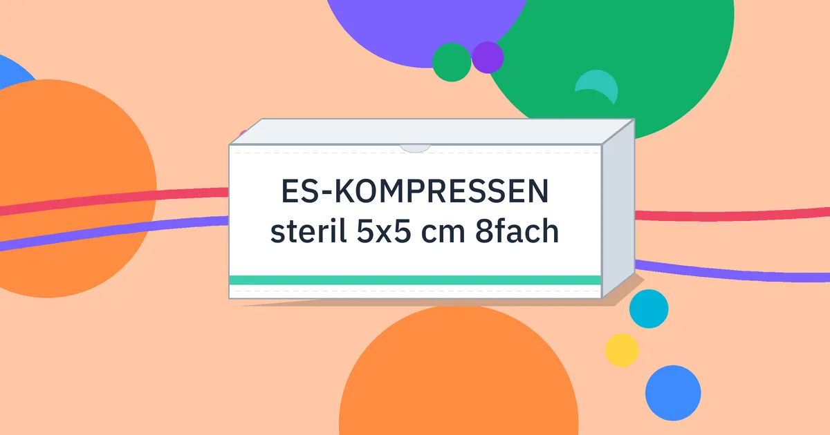 Symbolbild: Packung mit der Aufschrift ES-KOMPRESSEN steril 5x5 cm 8fach (PZN 19745820) – Verfügbarkeit und Bezug in Apotheken in Frankfurt am Main