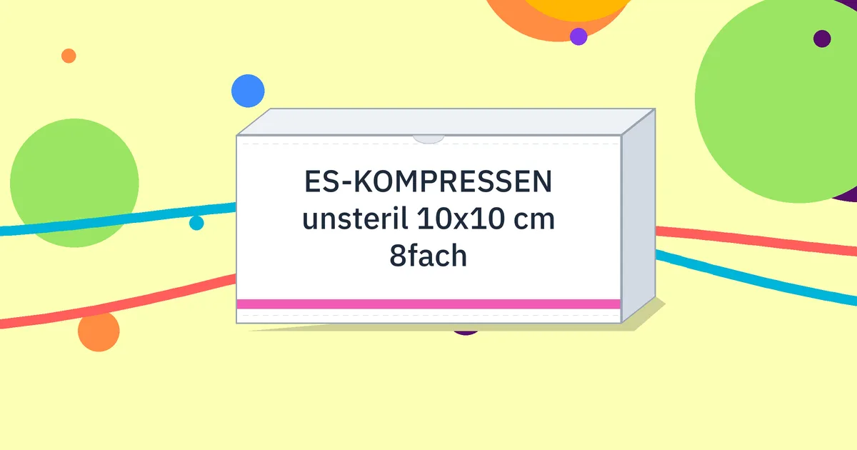 Symbolbild: Packung mit der Aufschrift ES-KOMPRESSEN unsteril 10x10 cm 8fach (PZN 17983308) – Verfügbarkeit und Bezug in Apotheken in Frankfurt am Main