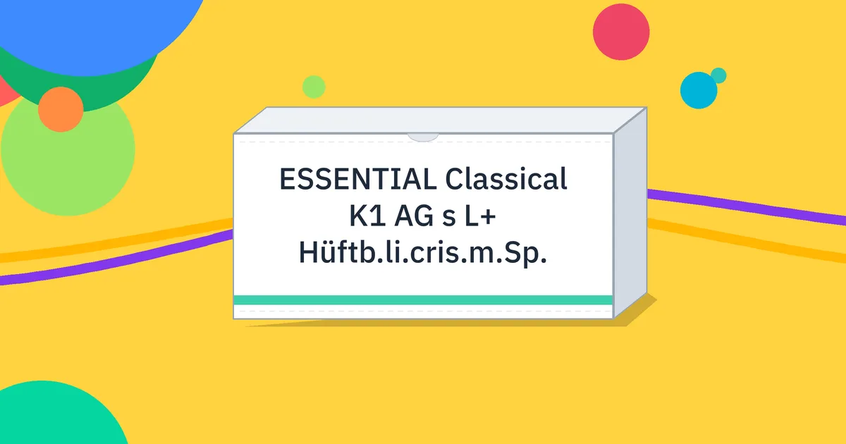 Symbolbild: Packung mit der Aufschrift ESSENTIAL Classical K1 AG s L+ Hüftb.li.cris.m.Sp. (PZN 17012214) – Verfügbarkeit und Bezug in Apotheken in Frankfurt am Main