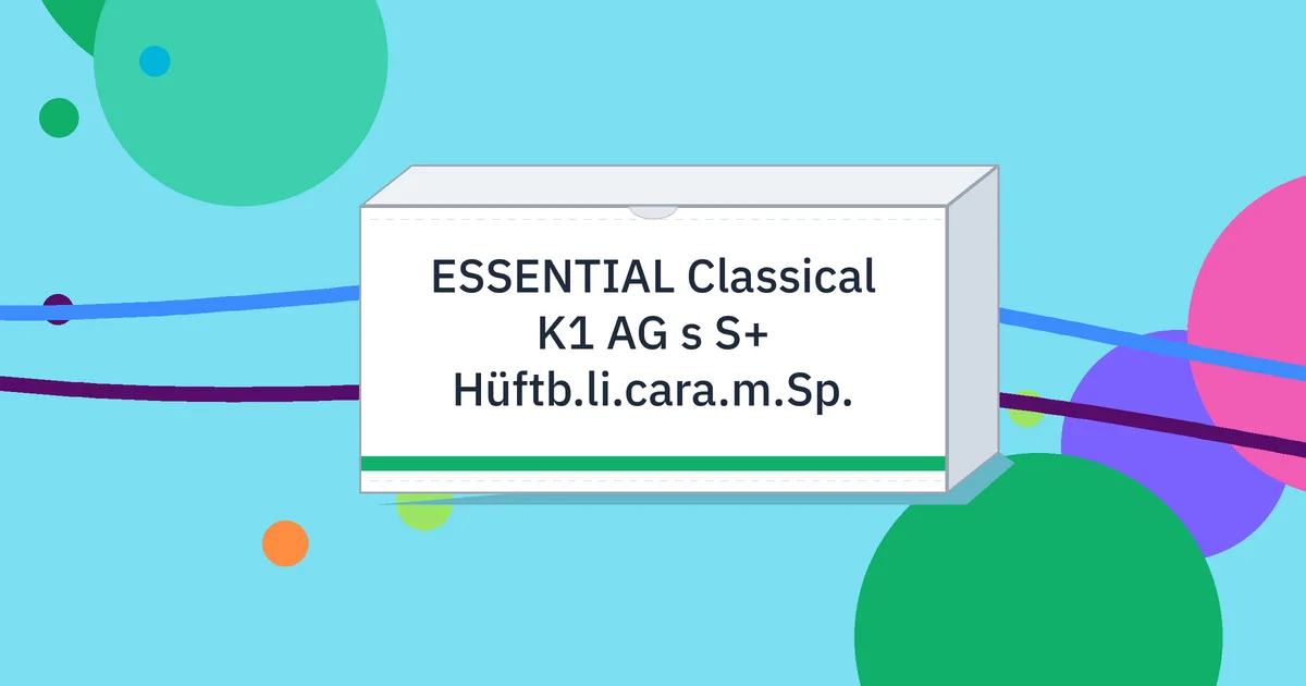 Symbolbild: Packung mit der Aufschrift ESSENTIAL Classical K1 AG s S+ Hüftb.li.cara.m.Sp. (PZN 17011580) – Verfügbarkeit und Bezug in Apotheken in Frankfurt am Main