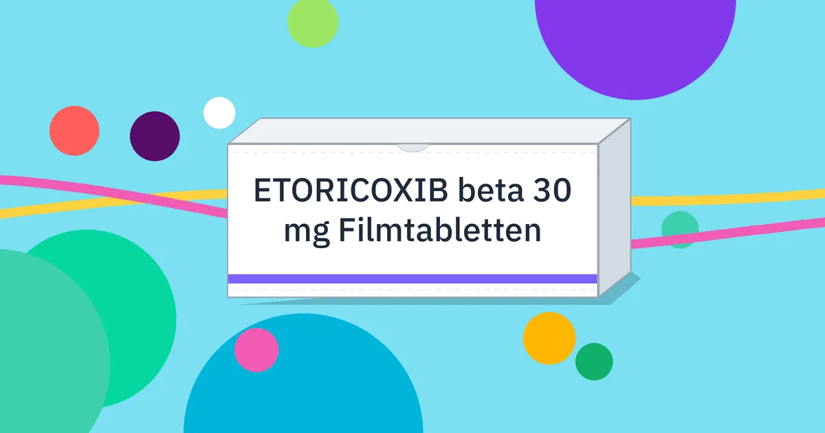Symbolbild: Packung mit der Aufschrift ETORICOXIB beta 30 mg Filmtabletten (PZN 12444185) – Verfügbarkeit und Bezug in Apotheken in Frankfurt am Main