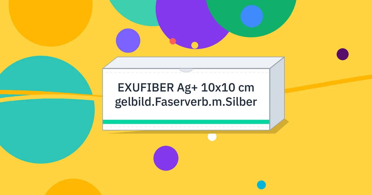 Symbolbild: Packung mit der Aufschrift EXUFIBER Ag+ 10x10 cm gelbild.Faserverb.m.Silber (PZN 14021632) – Verfügbarkeit und Bezug in Apotheken in Frankfurt am Main