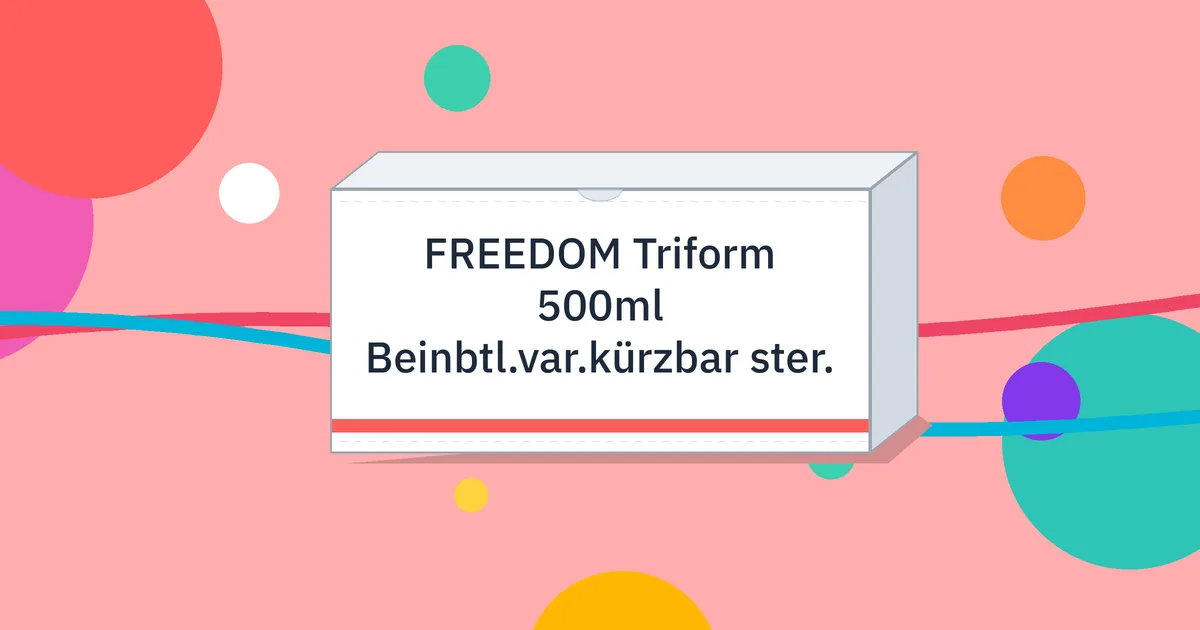 Symbolbild: Packung mit der Aufschrift FREEDOM Triform 500ml Beinbtl.var.kürzbar ster. (PZN 03838436) – Verfügbarkeit und Bezug in Apotheken in Frankfurt am Main