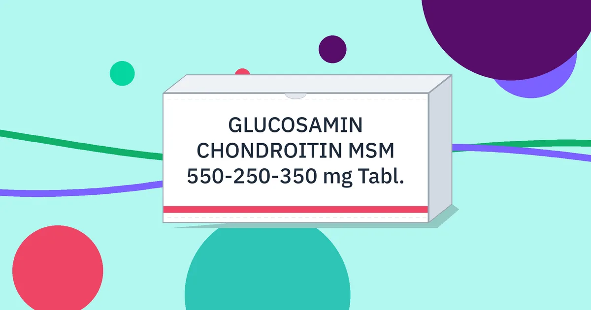 Symbolbild: Packung mit der Aufschrift GLUCOSAMIN CHONDROITIN MSM 550-250-350 mg Tabl. (PZN 11721777) – Verfügbarkeit und Bezug in Apotheken in Frankfurt am Main