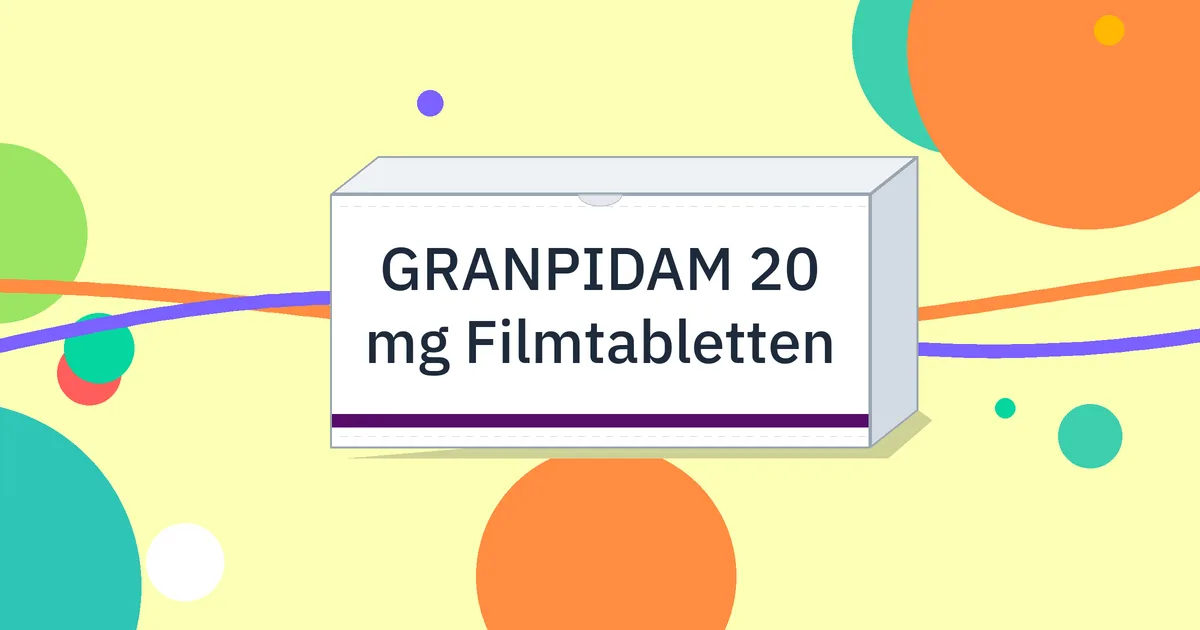Symbolbild: Packung mit der Aufschrift GRANPIDAM 20 mg Filmtabletten (PZN 17936289) – Verfügbarkeit und Bezug in Apotheken in Frankfurt am Main