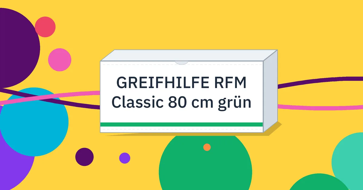 Symbolbild: Packung mit der Aufschrift GREIFHILFE RFM Classic 80 cm grün (PZN 20323751) – Verfügbarkeit und Bezug in Apotheken in Frankfurt am Main