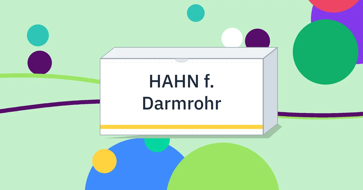 Symbolbild: Packung mit der Aufschrift HAHN f. Darmrohr (PZN 01962528) – Verfügbarkeit und Bezug in Apotheken in Frankfurt am Main