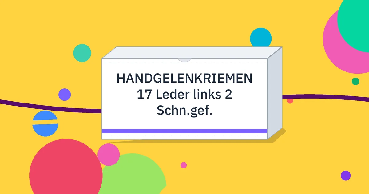 Symbolbild: Packung mit der Aufschrift HANDGELENKRIEMEN 17 Leder links 2 Schn.gef. (PZN 03230367) – Verfügbarkeit und Bezug in Apotheken in Frankfurt am Main