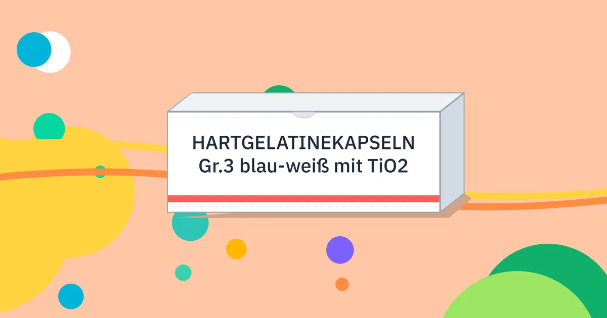 Symbolbild: Packung mit der Aufschrift HARTGELATINEKAPSELN Gr.3 blau-weiß mit TiO2 (PZN 18770477) – Verfügbarkeit und Bezug in Apotheken in Frankfurt am Main