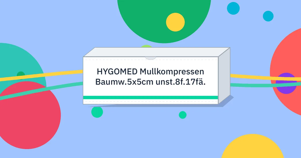 Symbolbild: Packung mit der Aufschrift HYGOMED Mullkompressen Baumw.5x5cm unst.8f.17fä. (PZN 20383115) – Verfügbarkeit und Bezug in Apotheken in Frankfurt am Main