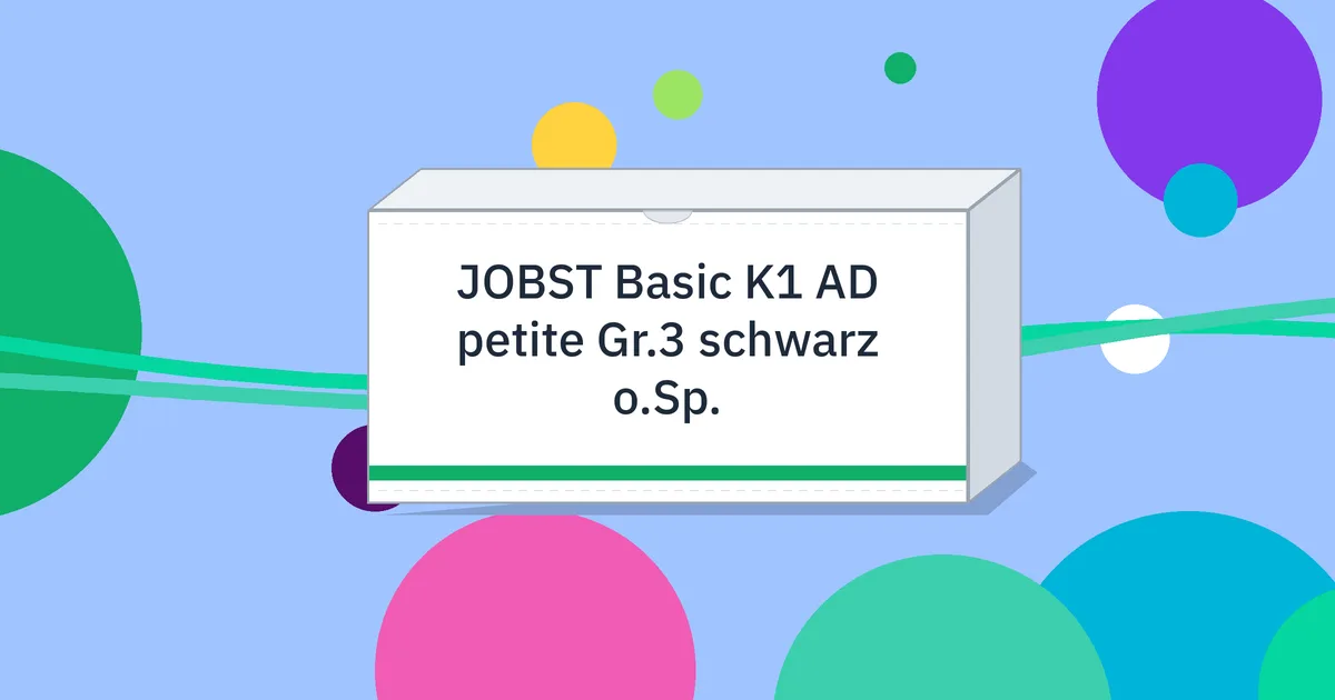 Symbolbild: Packung mit der Aufschrift JOBST Basic K1 AD petite Gr.3 schwarz o.Sp. (PZN 15310692) – Verfügbarkeit und Bezug in Apotheken in Frankfurt am Main
