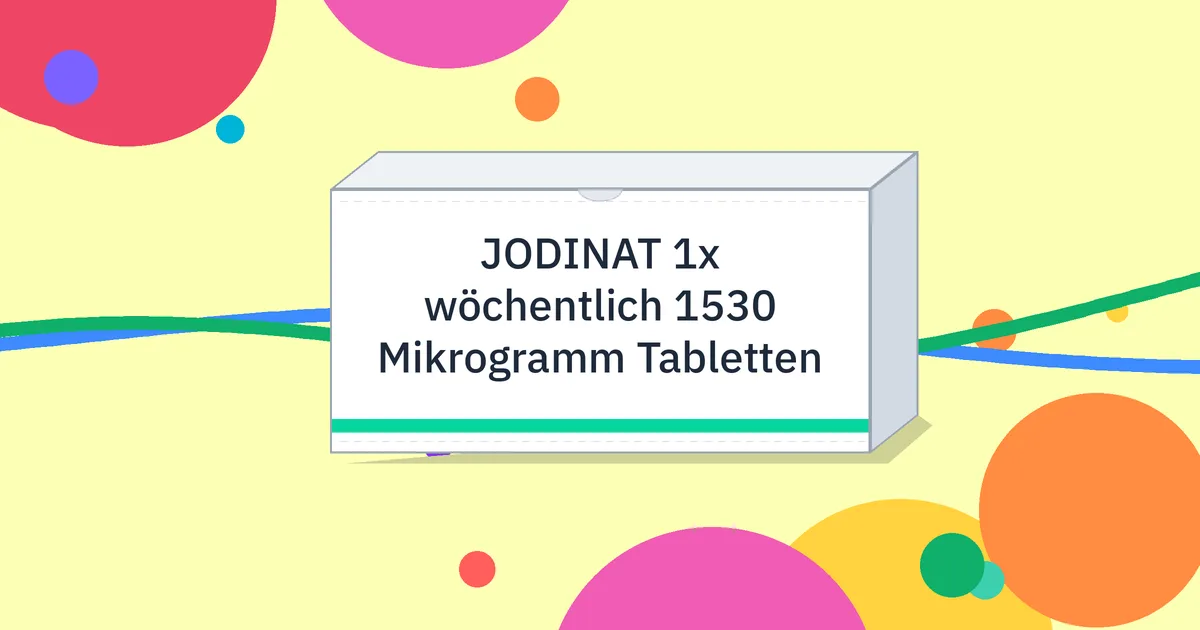 Symbolbild: Packung mit der Aufschrift JODINAT 1x wöchentlich 1530 Mikrogramm Tabletten (PZN 19926065) – Verfügbarkeit und Bezug in Apotheken in Frankfurt am Main