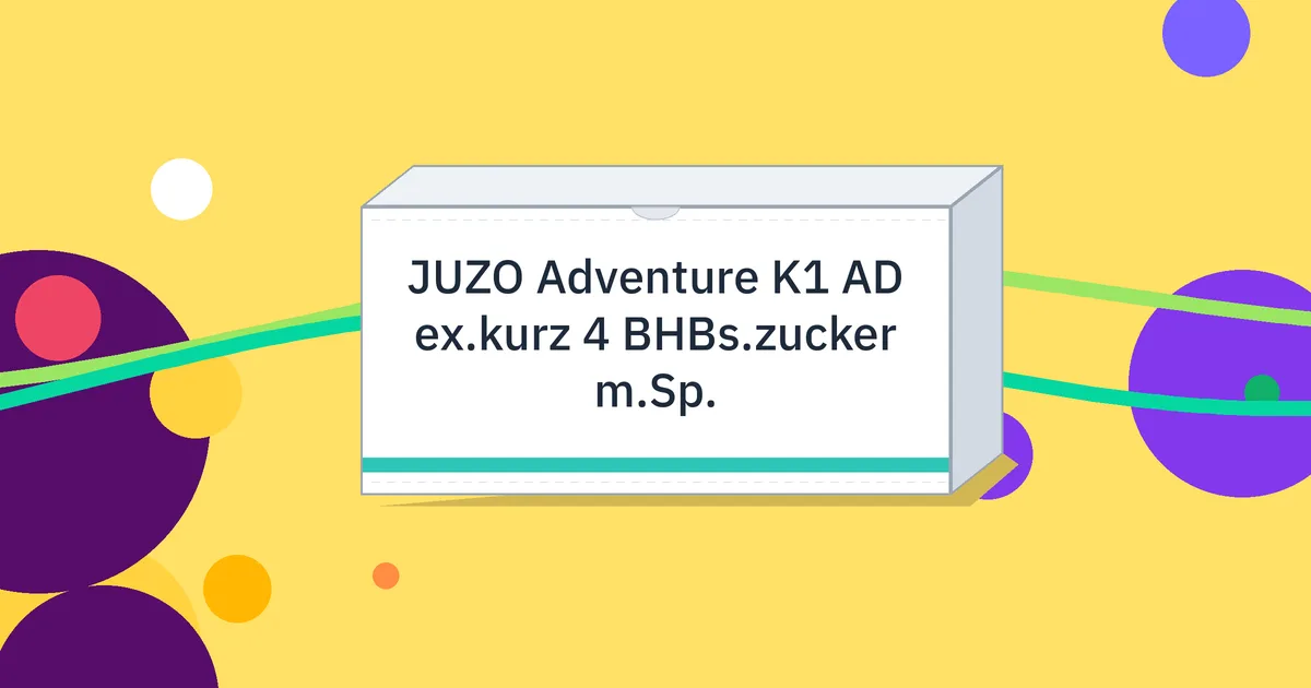 Symbolbild: Packung mit der Aufschrift JUZO Adventure K1 AD ex.kurz 4 BHBs.zucker m.Sp. (PZN 16343104) – Verfügbarkeit und Bezug in Apotheken in Frankfurt am Main
